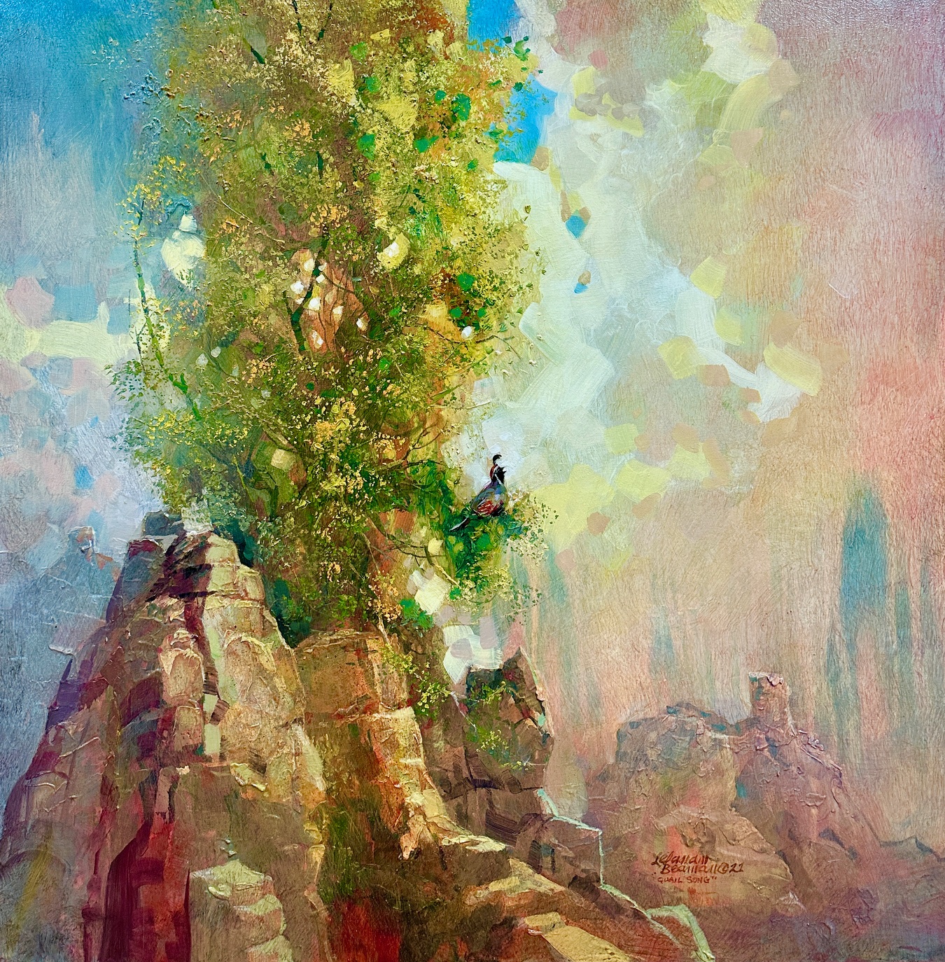 "Desert Quail Song" 40 x 40 Canvas | Think Art Gallery